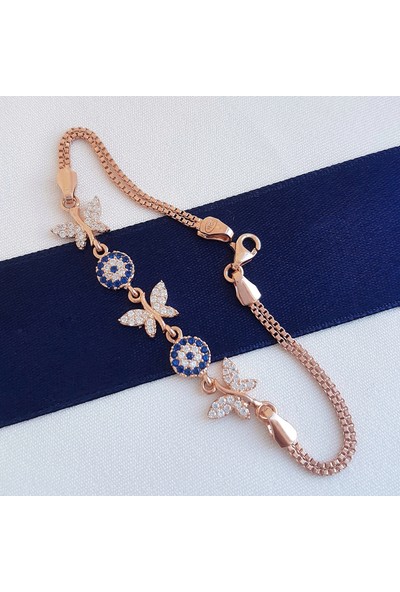 Gümüş Pazarım Nazar Boncuklu Kelebekli Gümüş Bileklik