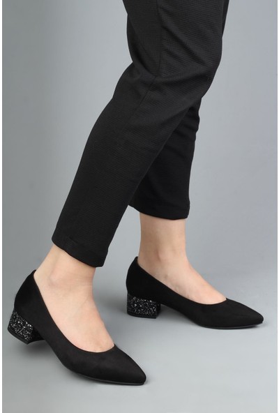 Modabuymus Kalın 3 cm Topuklu Siyah Süet Stiletto Kadın Ayakkabı - Beew