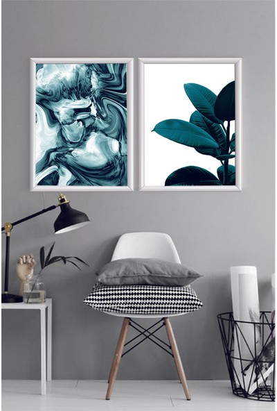 Lyn Home Yeşil Duman Yaprak Çerçeveli Poster 2'li Tablo 23,5 x 33,5 cm