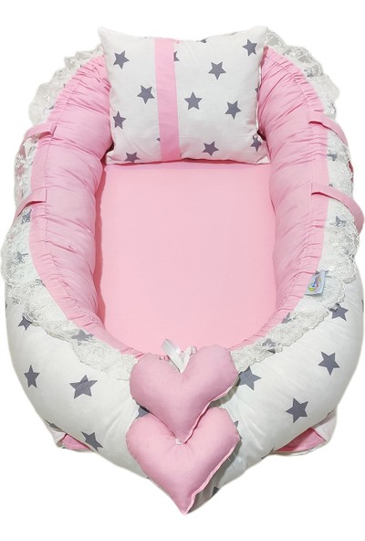Bebek Atölyesi Beyaz Pembe Yıldız Desenli Babynest