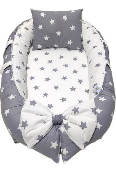 Bebek Atölyesi Gri Yıldız Desenli Fiyonklu Babynest
