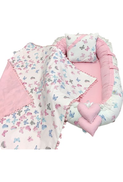 Bebek Atölyesi Pembe Turkuaz Kelebek Desenli Ponpon Battaniye ve Babynest Seti