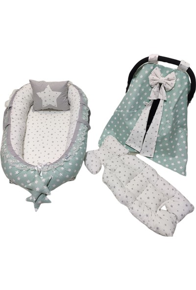 Bebek Atölyesi Yeşil Gri Yıldız Desenli 4 Parça Baabynest Set