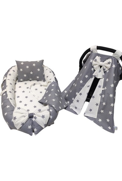 Bebek Atölyesi Gri Yıldız Desenli Babynest ve Puset Örtüsü Bebek Atölyesi Gri Yıldız Desenli Babynest ve Puset Örtüsü