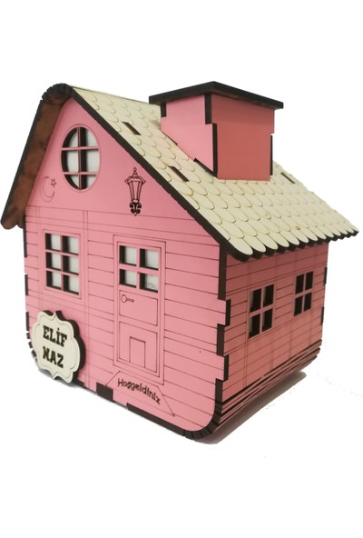 Plaket Home Kişiye Özel Dekoratif Ahşap Pembe Dağ Evi Kumbara -Tipbox Plaket Home Kişiye Özel Dekoratif Ahşap Pembe Dağ Evi Kumbara -Tipbox