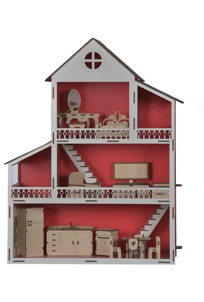 Wood Kids 3 Katlı Ahşap Bebek Oyun Evi - Mobilya Seti