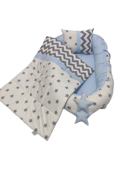 Bebek Atölyesi Mavi Gri Yıldız Desenli Babynest ve Yorgan Bebek Atölyesi Mavi Gri Yıldız Desenli Babynest ve Yorgan