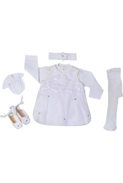 Mini Damla 4911 Bebek Mevlüt Takımı Kız Pileli Taşlı Beyaz 3-6 Ay (62-68 Cm)