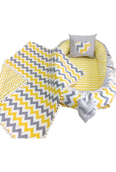 Bebek Atölyesi Gri Sarı Zigzag Desenli Babynest ve Ponpon Battaniye Bebek Atölyesi Gri Sarı Zigzag Desenli Babynest ve Ponpon Battaniye