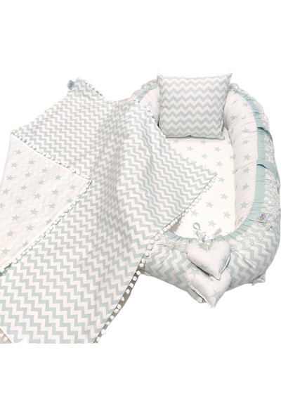 Bebek Atölyesi Yeşil Zigzag Desenli Babynest ve Ponpon Battaniye