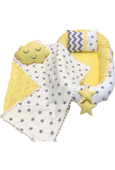 Bebek Atölyesi Sarı Gri Yıldız Desenli 4 Parça Babynest Set