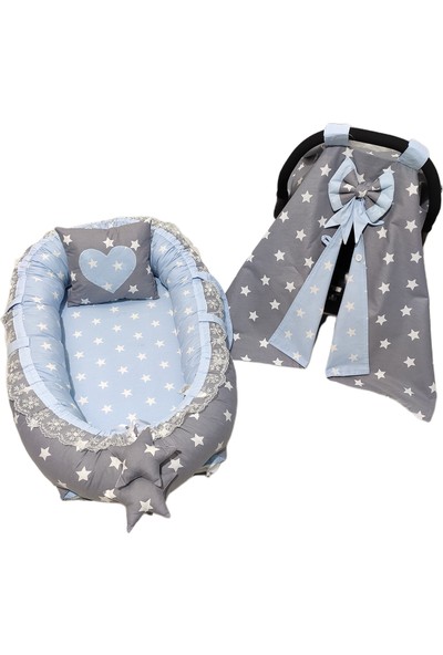 Bebek Atölyesi Mavi Gri Yıldız Desenli Babynest ve Puset Örtüsü Bebek Atölyesi Mavi Gri Yıldız Desenli Babynest ve Puset Örtüsü