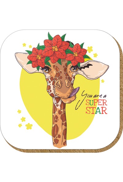 Pictor Gift Hediyelik Metal Mantar Tabanlı You Bet Gıraffe Zürafalı 4'lü Bardak Altlığı Seti