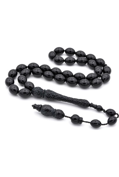 Murty99 Hakiki Usta Işi Arpa Kesim Siyah Toz Pres Kehribar Tesbih Iri Boy