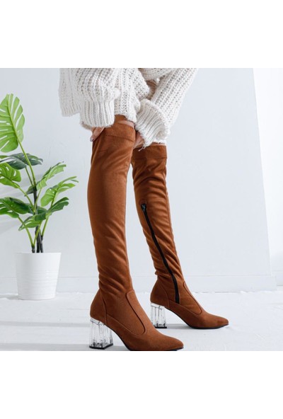 Limoya Alena Taba Süet Streç Kısa Şeffaf Topuklu Dizüstü Çorap Çizme (Sivri Burun)