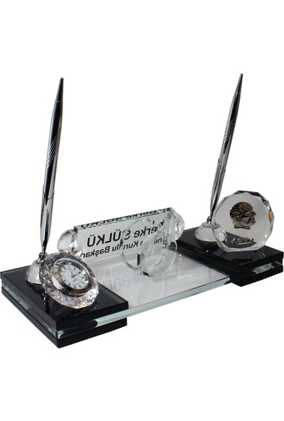 Ikiyıldız Kristal AS098 Kişiye Özel Masaüstü Kristal Saatli Kartvizitlik Kalemlik Isimlik Seti