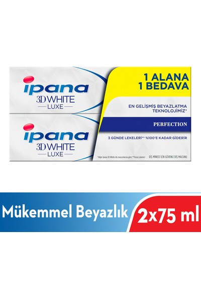 Ipana 3 Boyutlu Beyazlık Luxe Diş Macunu Perfection Mükemmel Beyazlık 1 Alana 1 Bedava Paketi (75 ml + 75 ml) Ipana 3 Boyutlu Beyazlık Luxe Diş Macunu Perfection Mükemmel Beyazlık 1 Alana 1 Bedava Paketi (75 ml + 75 ml)