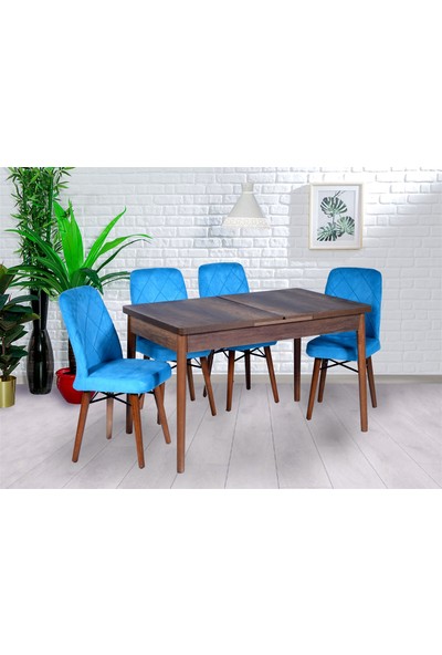 Essa Home Ceviz Masa 4 Saray Sandalye Takımı - Turkuaz