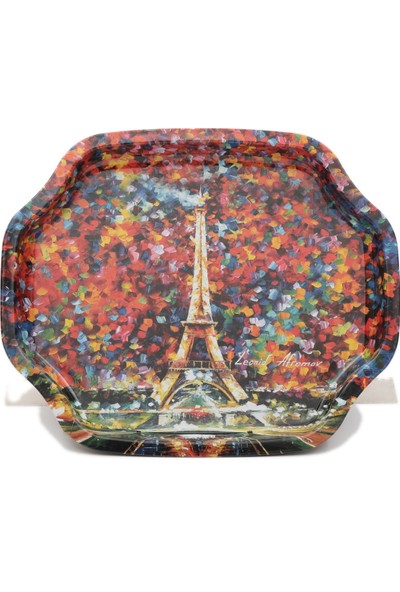 Evle Desenli Metal Tepsi Sekizgen 16 x 19 Cm