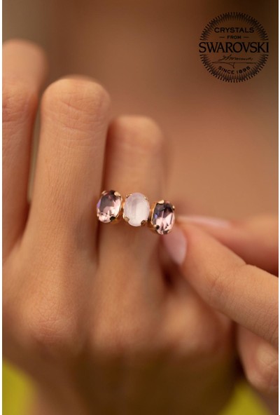Swarovski Taşlı Üçtaş Model Rose Kaplama Gümüş Yüzük