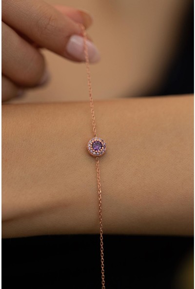 Ametist Taşlı Rose Kaplama Gümüş İtalyan Bileklik