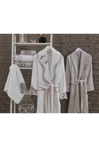 Fiesta Mina Organze Nakışlı Bornoz Seti - Krem Taş
