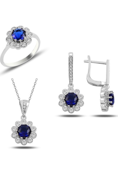 Mercan Silver Kadın Gümüş Safir Taşlı Set