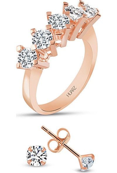 Huarz Rose Beştaş Yüzük Tektaş Küpe Gümüş Set