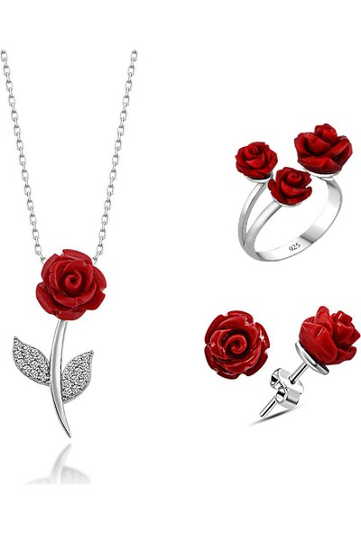 Huarz Beyaz Taşlı Kırmızı Gül Gümüş Takı Seti
