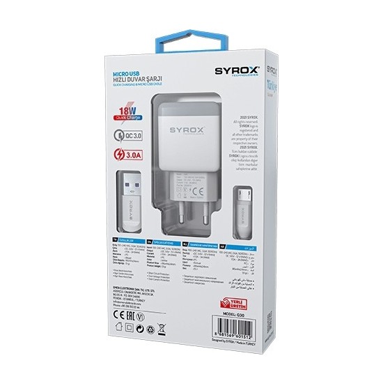 Syrox Q30 Microusb Girişli 3.0 Amper Hızlı Şarj Aleti (Kablo Fiyatı