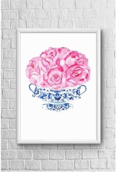 Lyn Home Pembe Güller Çini Vazo Çerçeveli Poster Tablo 23,5 x 33,5 cm