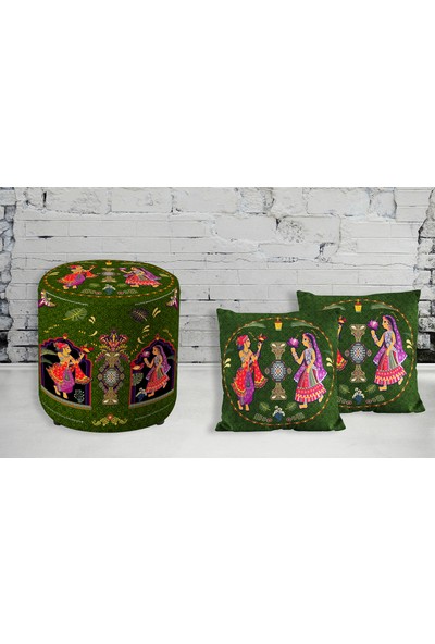 Armi Puf Etnik Babür Desenli Yuvarlak Puf ve 2'li Kırlent Kılıfı