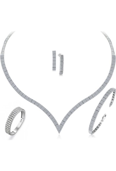 Chavin 3 Sıra Su Yolu Gümüş Kolye Küpe Bileklik Yüzük Set EF86