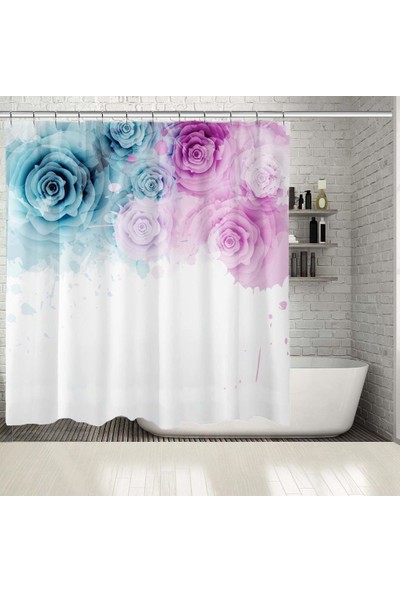 Henge Mavi ve Pembe Gül Çiçek Desenli Goğa Temalı Duş Perdesi