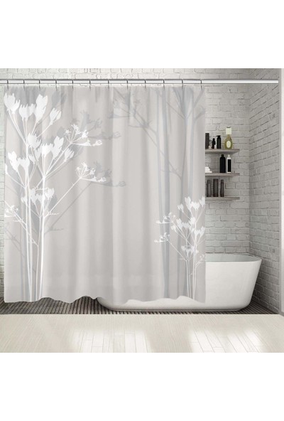 Henge Gri Tonlarda Beyaz Çiçek Desenli Duşperdesi Henge Gri Tonlarda Beyaz Çiçek Desenli Duşperdesi