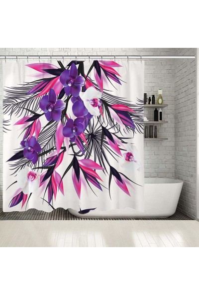 Henge Mor Pembe Yapraklı Orkide Buket Desenli Duşperdesi