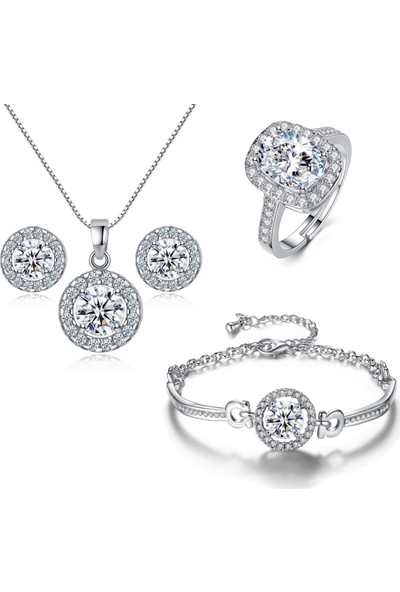 Chavin Tek Taşlı Rodyum Kaplama Kolye Küpe Bileklik Seti