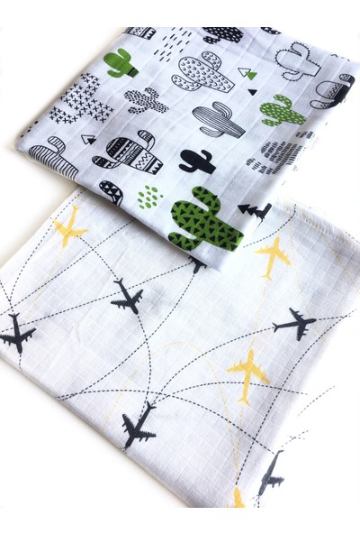 İpek Kehribar %100 Pamuk 2'li Müslin Örtü 110x110 Müslin Kumaş, Müslin Battaniye / Uçak ve Kaküs