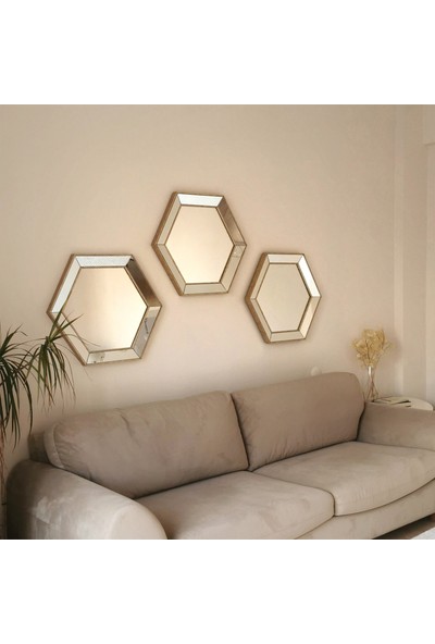 Neostill 3'lü Dekoratif Ayna Altıgen Neostill 3'lü Dekoratif Ayna Altıgen