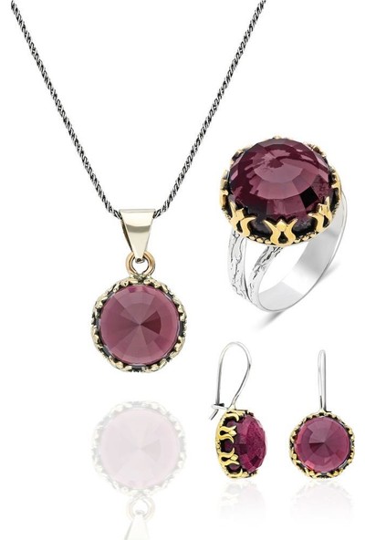 Aykat Ametist Taşlı Otantik Gümüş Yüzük Küpe Kolye Ucu Set