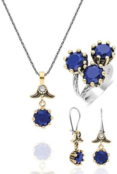 Aykat Safir Taşlı Yüzük Küpe Kolye Otantik Gümüş Set