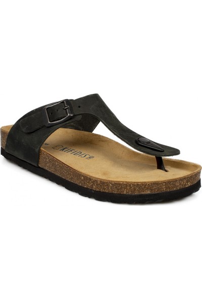 Kifidis 8871Z Deri Mantar Taban Antrasit Kadın Terlik