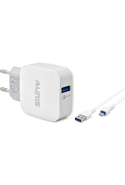 Auris Qualcomm 3.0 Hızlı Şarj Cihazı 3A 15W + Micro USB Kablo Auris Qualcomm 3.0 Hızlı Şarj Cihazı 3A 15W + Micro USB Kablo