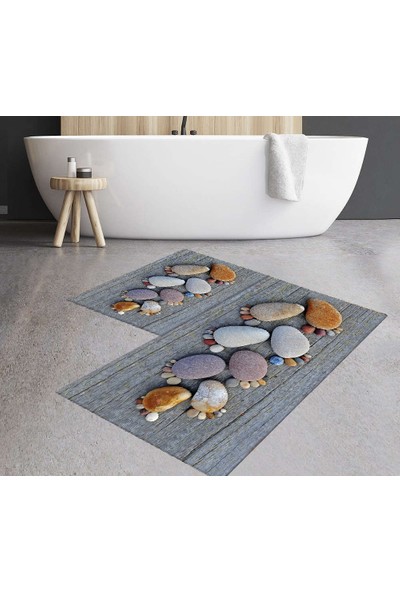 Jungle Halı Klozet Takımı 3D Taş Yıkanabilir Banyo Paspas 2'li