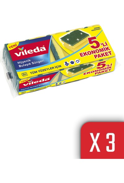 Vileda 5'li Yeşil Oluklu Hijyenik Bulaşık Süngeri 3'lü Paket Vileda 5'li Yeşil Oluklu Hijyenik Bulaşık Süngeri 3'lü Paket