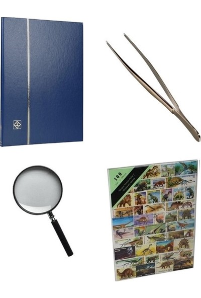 Pulko Filateli Pul Koleksiyonu Başlangıç Seti - Mavi - Dinazor Pulları ile Pulko Filateli Pul Koleksiyonu Başlangıç Seti - Mavi - Dinazor Pulları ile