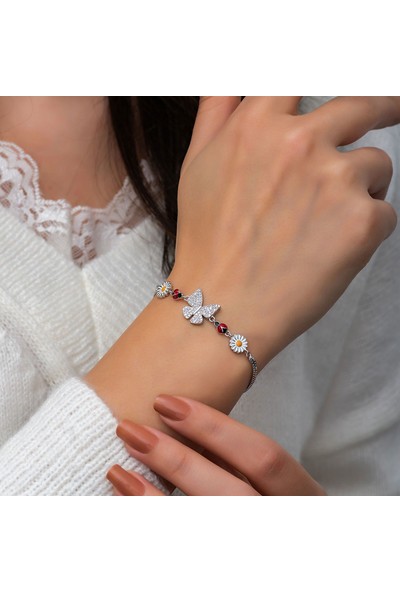 Papatya Silver Kelebek Papatya Uğur Böceği Mineli Rodyum Kaplama Gümüş Bileklik Papatya Silver Kelebek Papatya Uğur Böceği Mineli Rodyum Kaplama Gümüş Bileklik