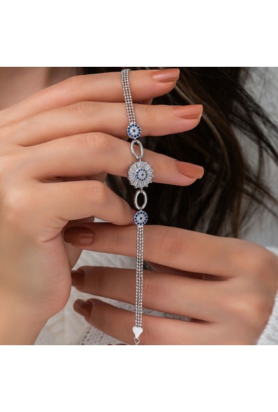 Papatya Silver Baget Taşlı Nazargöz Nano Zirkon Gümüş Bileklik