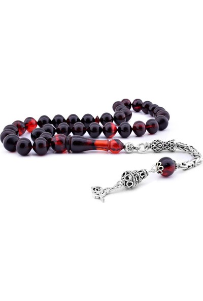Tesbih Sepetim 925 Ayar Gümüş Kamçılı Kırmızı Sıkma Kehribar Tesbih