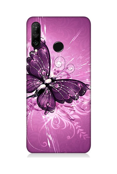 Teknomeg Huawei P30 Lite Kılıf Kapak Mor Kelebek Baskılı Silikon